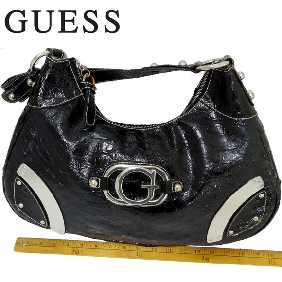 Guess | Bags | Guess Black Tote Bag Big Purse Glossy Shiny Scales ...